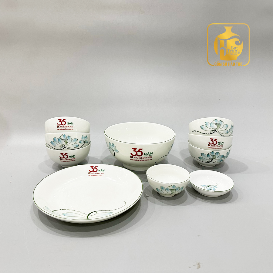 Bộ đồ ăn bát đĩa Bát Tràng họa tiết hoa sen xanh